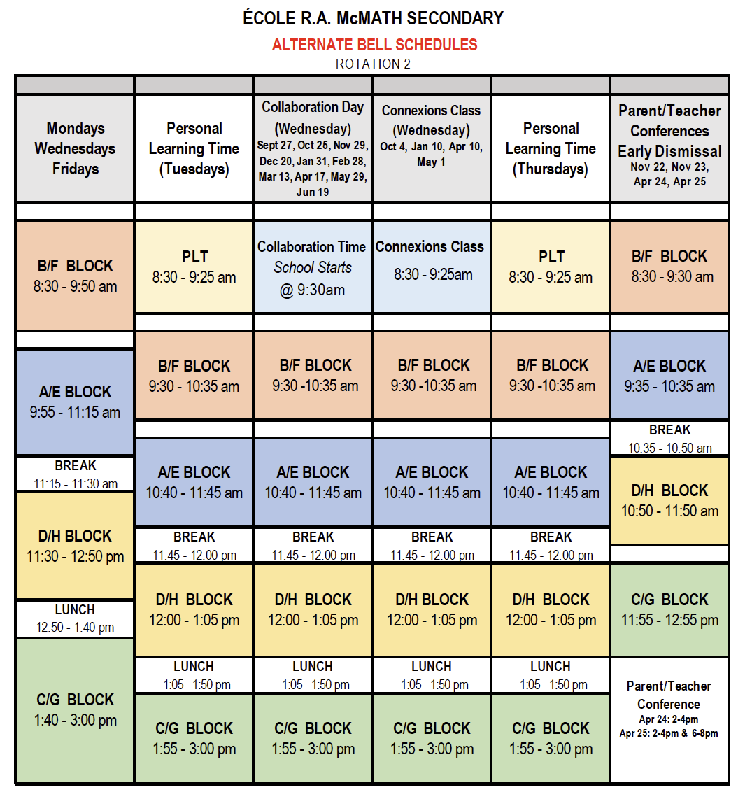 Bell Schedule | École Secondaire R.A. McMath Secondary School